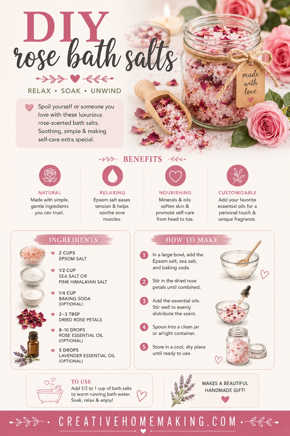 DIY Rose Bath Salts Recipe (Easy Homemade Self-Care!) - Creative Homemaking